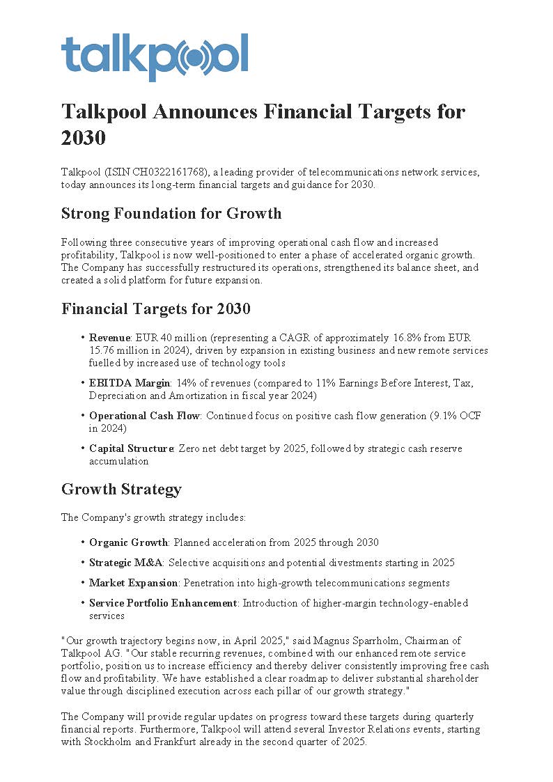 Talkpool Announces Financial Targets for 2030 – Talkpool